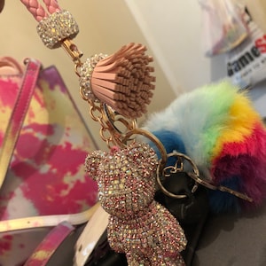 Pink Crystal Bear Key Chains Cute Keyrings Tassel Pink Rope Braided ...