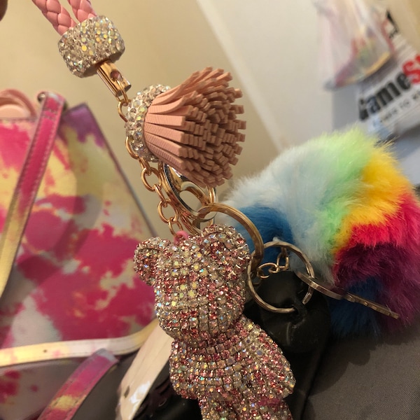 Pink Crystal Bear Key Chains Cute Keyrings Tassel Pink Rope Braided ...