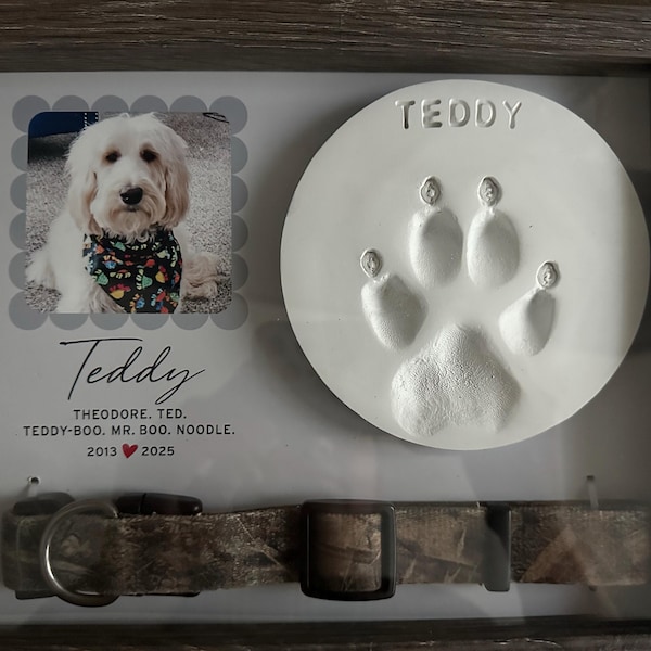 Paw Print Holder Pet Memorial, Clay Paw Print Display Shadow Box, Pet ...