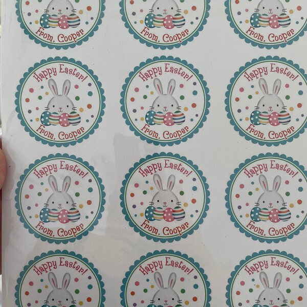 Happy Easter Stickers, Personalized Easter Bunny With Eggs Blue Border ...
