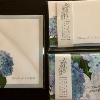 Personalized Flat Note Cards BLUE HYDRANGEA Floral Stationery Flower ...