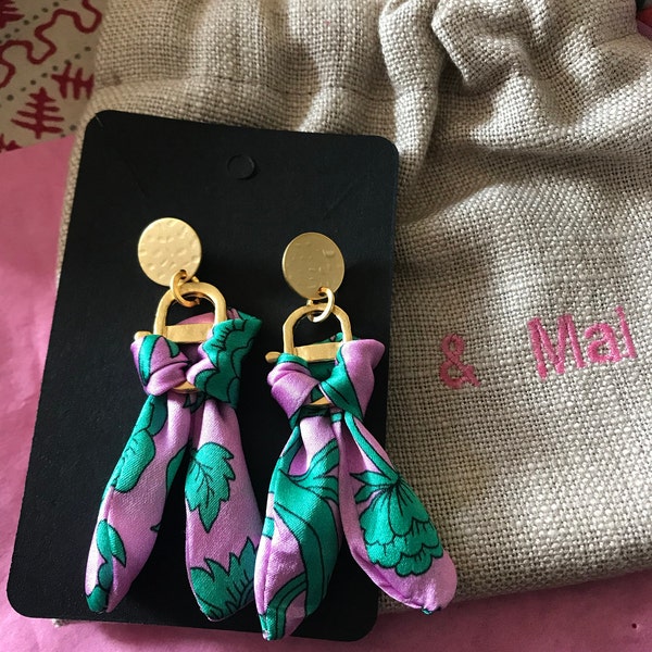 Statement Earrings Handmade in Elegant Liberty Print Silk, Gold Plated Dangle Earrings ...