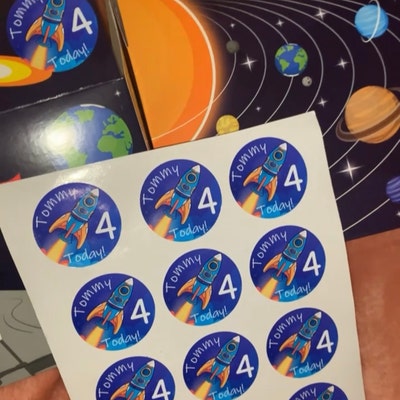 48 Personalised Party Stickers Rocket Design Any Name and Choice of Age ...