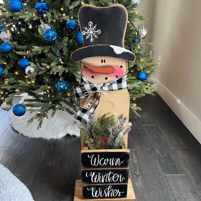 Standing Wood Snowman/3 Ft Tall/primitive Winter Decor/ Rustic Snowman ...