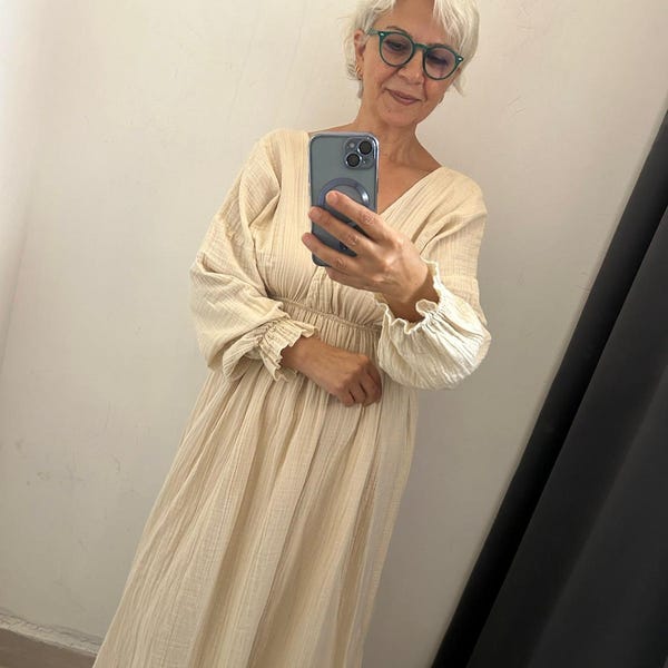 Muslin Green Maxi Dress Cotton Long Sleeve Dress Boho Sun Dress ...