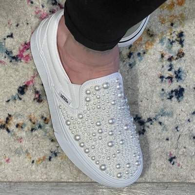 Pearl Embellished Vans Custom Wedding Slip on Vans Custom Wedding Vans ...