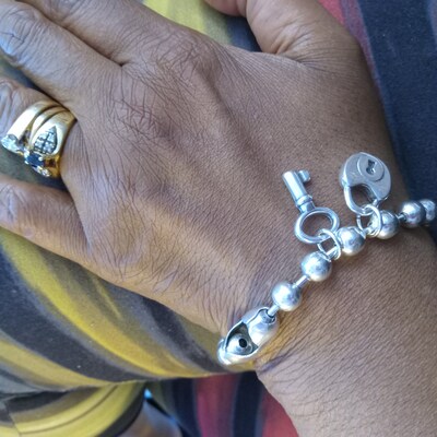 Womens Chunky Padlock and Key Ball Chain Bracelet, Silver Ball Chain ...