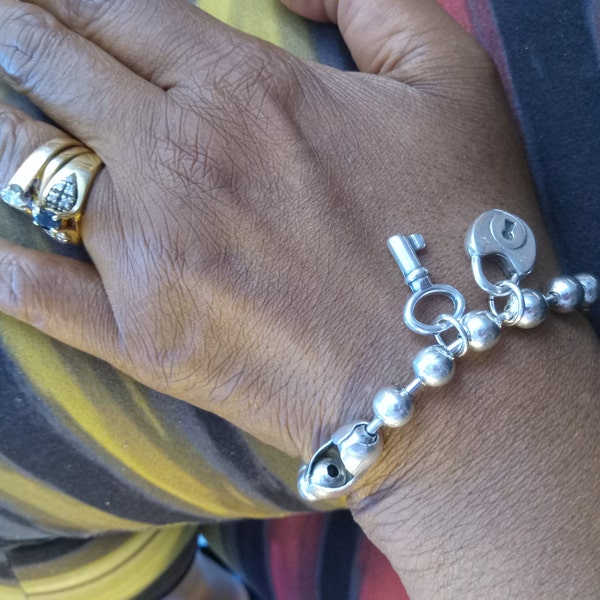 Womens Chunky Padlock and Key Ball Chain Bracelet, Silver Ball Chain ...