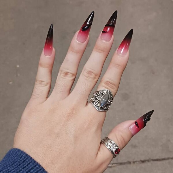 Handmade Red Snake Deep Red Ombre Goth Press on Nails Snake Nails Goth ...