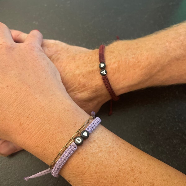 Couples Love Bracelets With Black Heart & Initial, Personalized ...