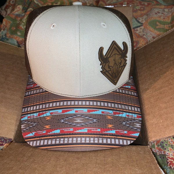 Western Aztec Skull Leather Patch Hat - Etsy