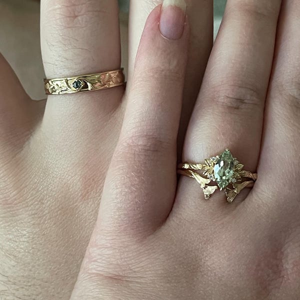 Vintage Green Sapphire Engagement Ring Set Nature Inspired Leaf ...