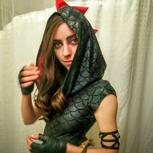 Black Dragon Scale Cap Sleeve Hoodie Romper With Red Holographic Spikes ...