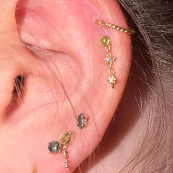 14K Solid Gold Dangle Moss Agate Piercing, Moss Agate Hidden Helix ...