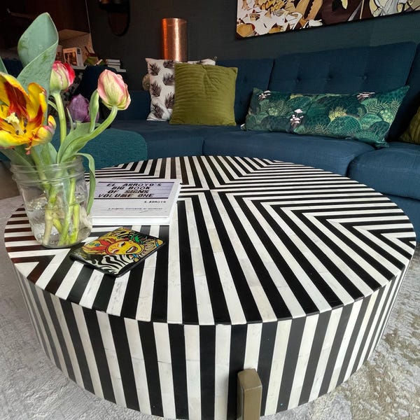 Bone Inlay Stripe Design Round End Table Off-white, Bone Inlay Stripe ...