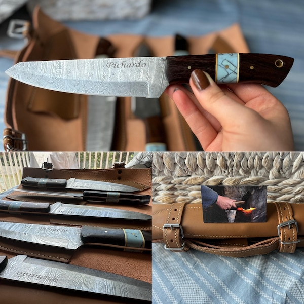 Handmade Damascus Chef Knives Set 6 Pcs Rose Wood Handle Best Gift for ...