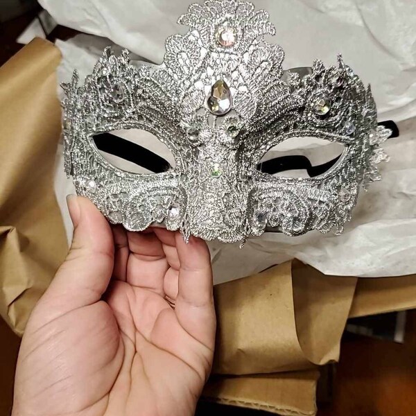 Silver Lace Masquerade Mask for Women With Rhinestones - Etsy