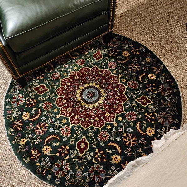 6x6 Round Rug, Handmade Afghan Blue Floral Persian Circle Rug, Oriental ...