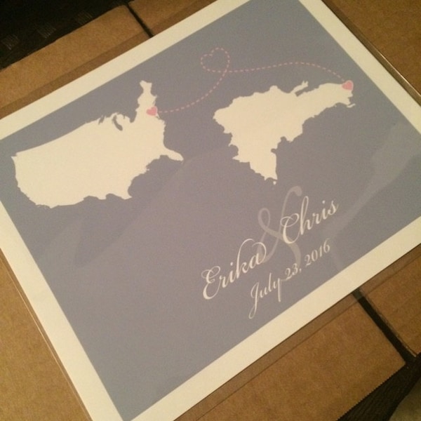 Two Countries Map With Love Trails, Engagement Gift, Wedding Gift ...
