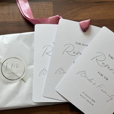 Wedding Row Reservation Signs/tags Hammered White Card With Satin ...