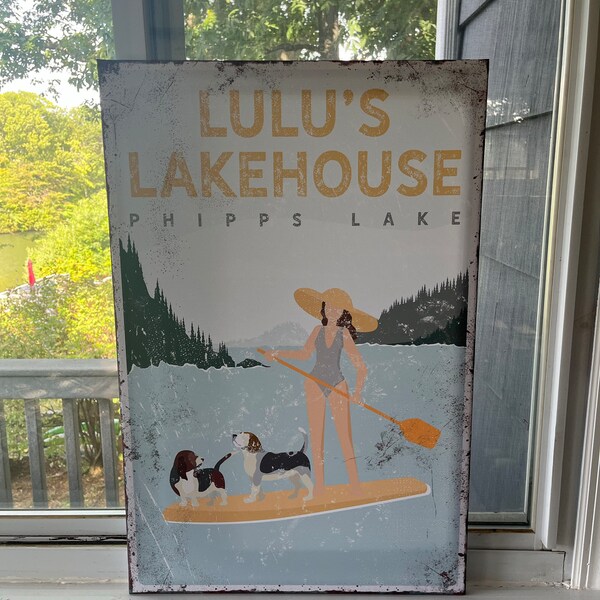 Personalized Paddleboard Sign • Woman Paddleboarding With Akita Dog ...