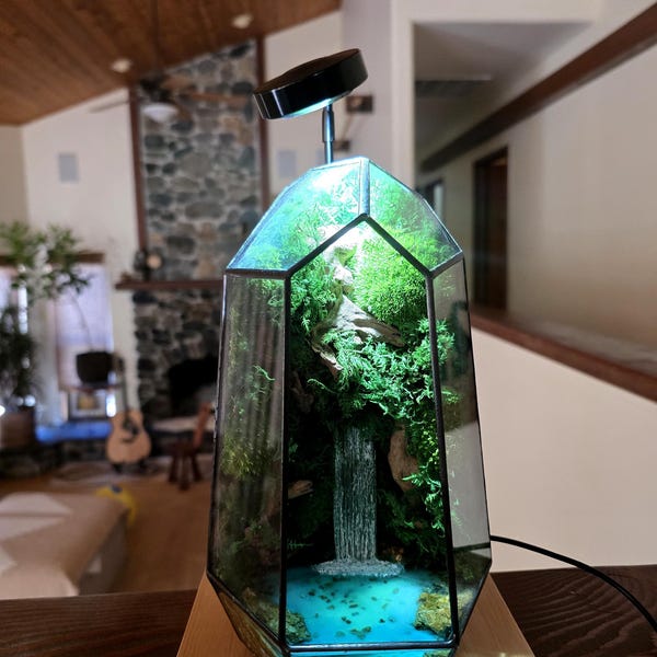 Geometrische Glasterrarien, konserviertes Moos, LED-Wasserfall (13×25 ...