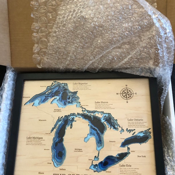 Custom Lake Bathymetric Map Multilayers of Depth Framed Art, Laser Cutout, Black Frame, 3 to 5 ...