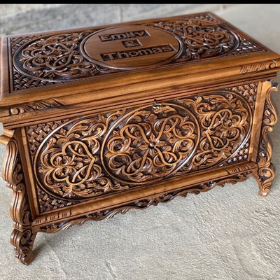 Hand Carved Flower Design Wooden Box With Secret Lock, Vintage Jewelry ...