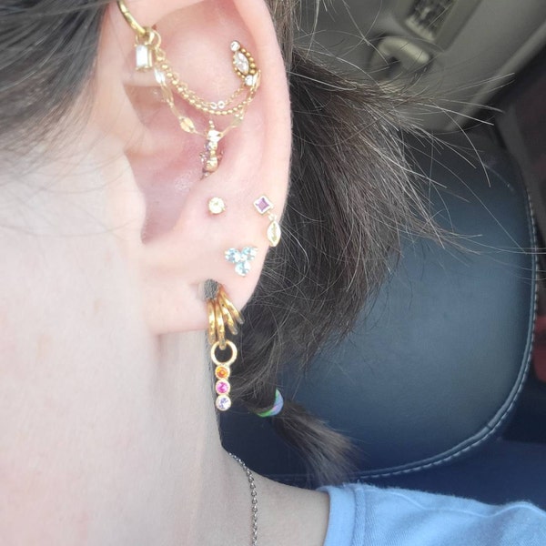 14K Solid Gold Triple Mixed Chain Attachment, 14K Gold Chain Piercing ...