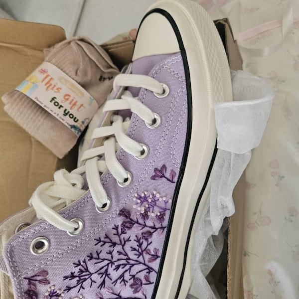 Embroidered Converse Custom, Purple Converse Embroidery Flower, Purple ...