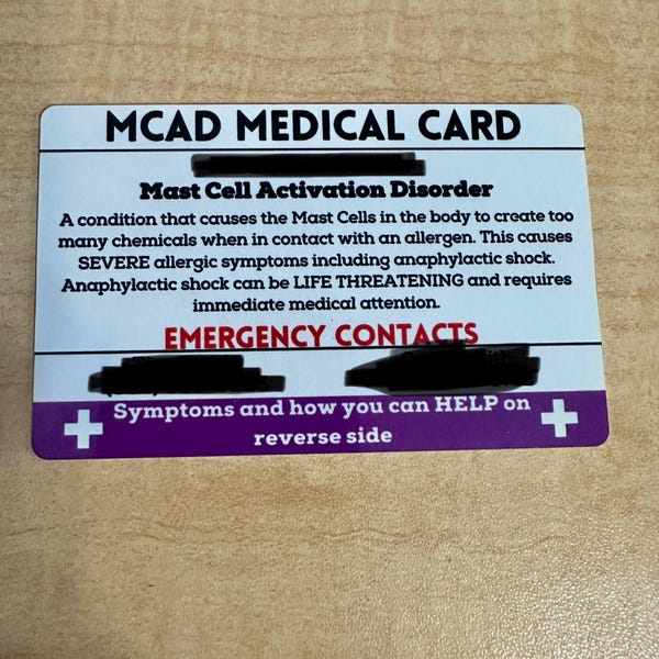 MCAS Mast Cell Activation Syndrome Medical Alert Card, Emergency ...