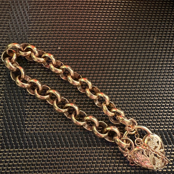 18K GL Solid Curb Yellow Gold Bracelet With Filigree Heart Padlock - Etsy