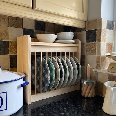 Plate Rack Wooden With Shelve and Hooks for Hanging Cups Will Fit 11 ...