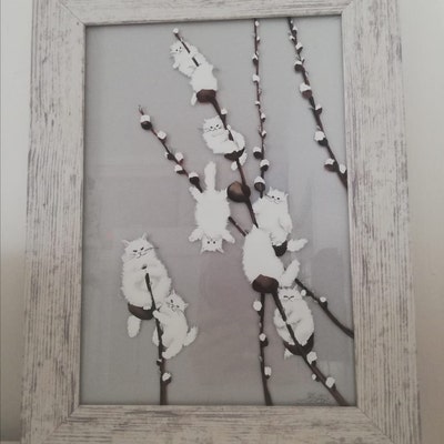 Spring Pussywillow Cat Painting, White Fluffy Cat, Willow Branch ...