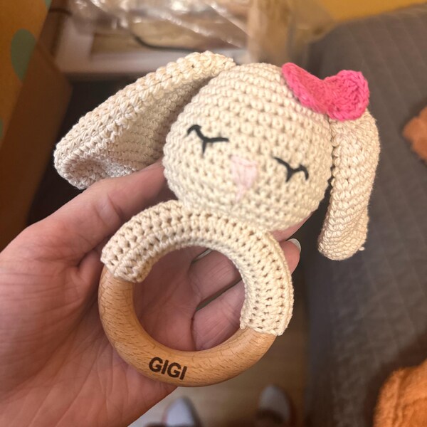 Wood Rattle, Crochet Baby Toy, Baby Boy Gift, Baby Girl Gift, Rattle ...