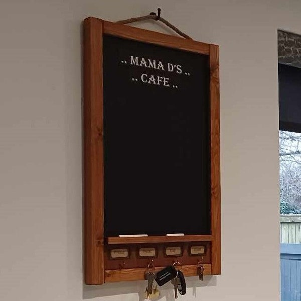 Personalised Chalkboard With Key Hooks - Solid Wood Frame in Dark ...