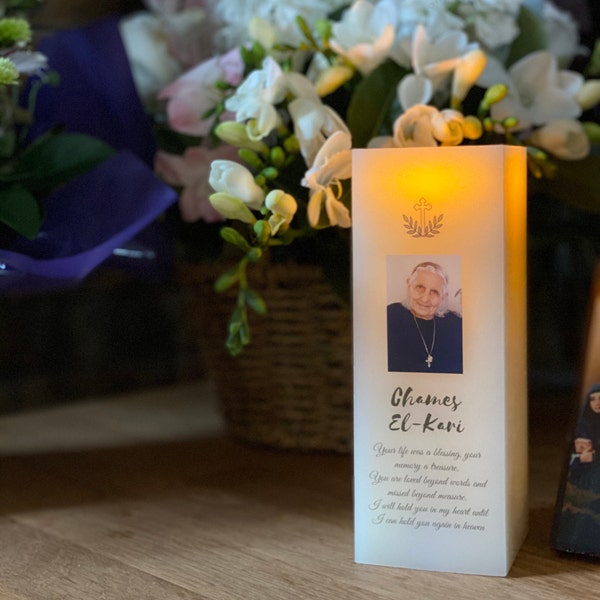Personalised Photo Memorial Candle, RIP Flameless Flickering LED Glass ...