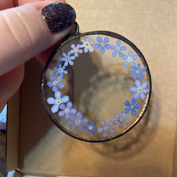 Glass Pressed Round Circle Flower Frame - Forget Me Not - Blue - Wall ...