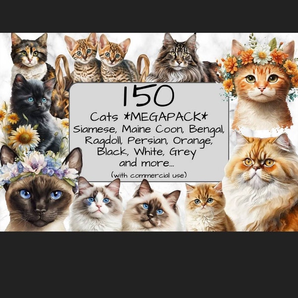 Watercolor Grey Cats Clipart. Digital Art & Sublimation. Cat Clip Art ...