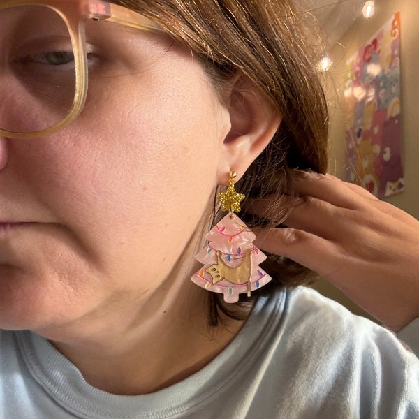 Bad Kitty Pink Christmas Tree Earrings | Acrylic Earrings | Christmas ...