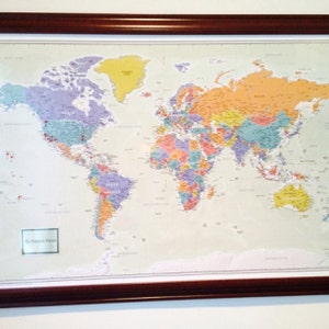 Personalized Tan Oceans World Travel Map With Frame Pushpin Map of the ...