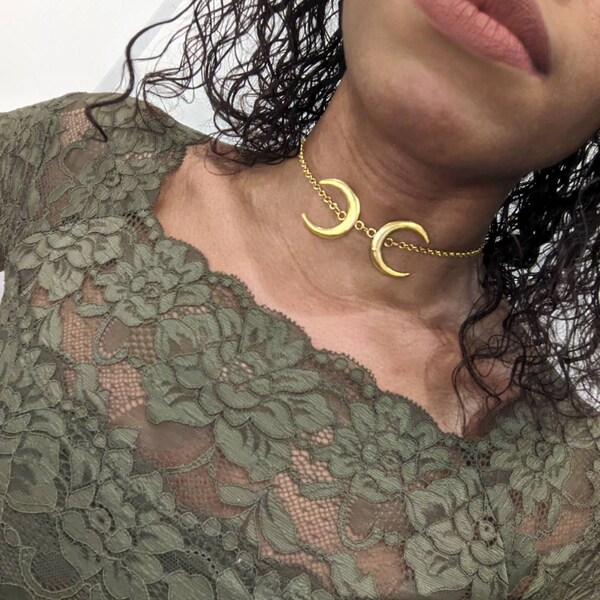 2 COLORS, Triple Goddess Choker Necklace / Triple Moon Choker Gold ...