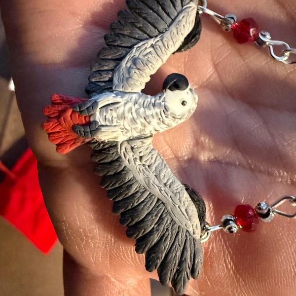 African Grey Parrot Necklace, Handmade, Parrot Figurine Made of Polymer ...