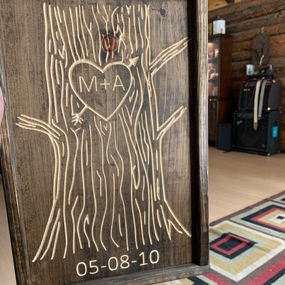 Initials in Heart Tree, Couples Name Sign, Carved Names, Engraved ...