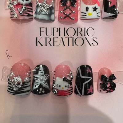 Punk Pink Style Y2K Press on Nails Handmade Grunge Pink Punk Pink ...