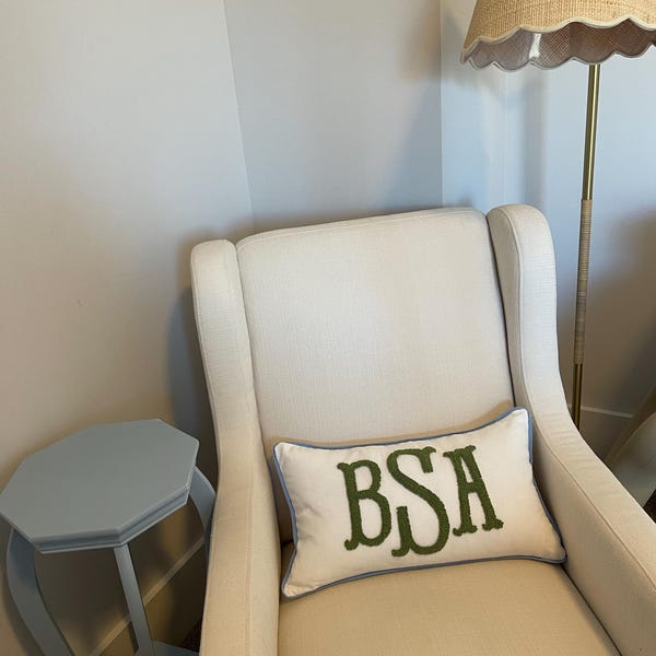 Monogram Embroidered Pillow, Initial Punch Needle Pillow, Custom Lumbar ...