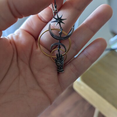 Inverted Crescent Moon Earrings With Circle, Inset Triangle, and Moss ...