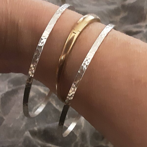 Two Silver Hallmarked Bangles With Puffed Heart Charm Hammered Silver Bangles Textured Finish ...