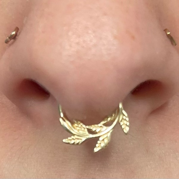 14K Solid Gold Leaf Hoop Clicker Ring, Septum Daith Ear Piercing ...