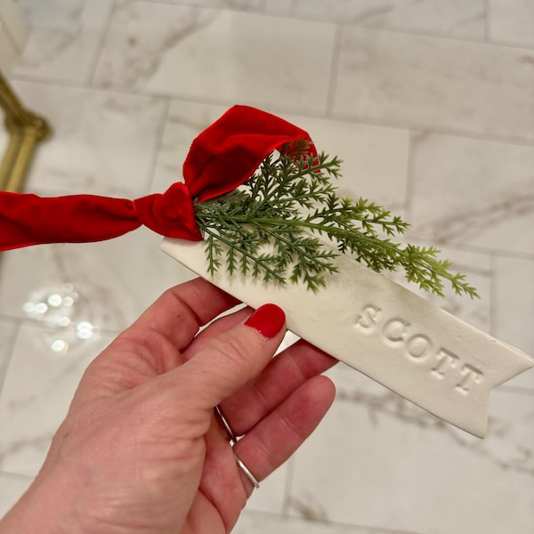 Personalized Clay Place Cards: Faux Greenery & Velvet Ribbon - Etsy